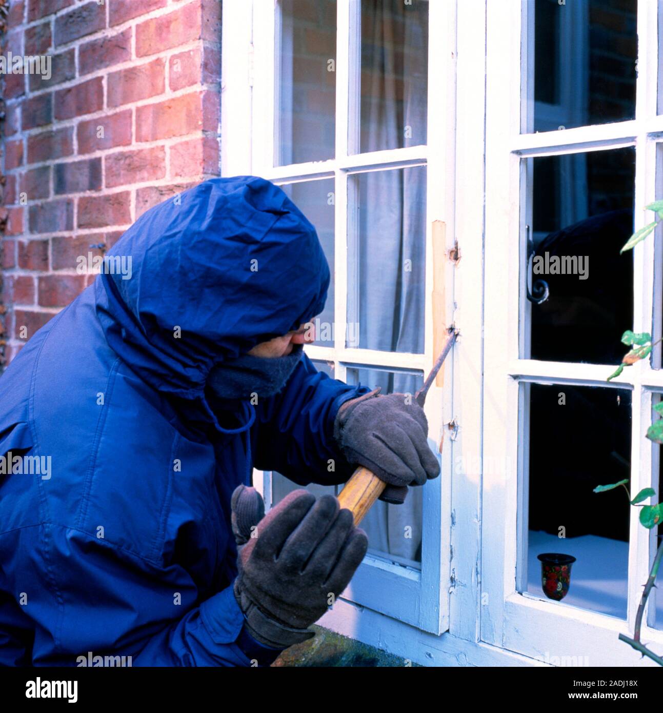 Burglary. A masked and hooded man levers open a window in order to ...