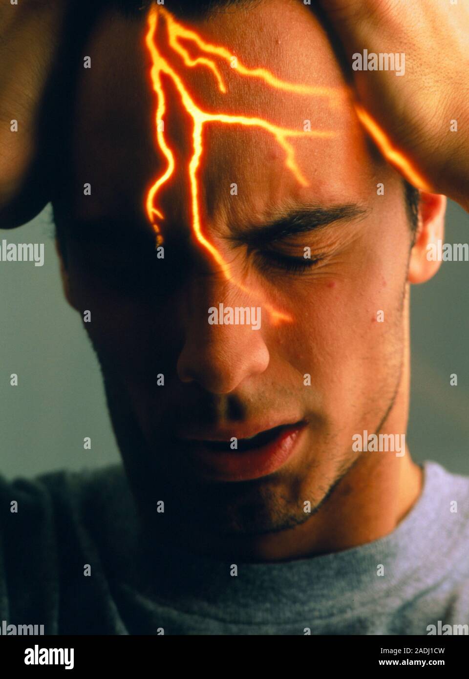 Abstract representation of a young man suffering from headache ...