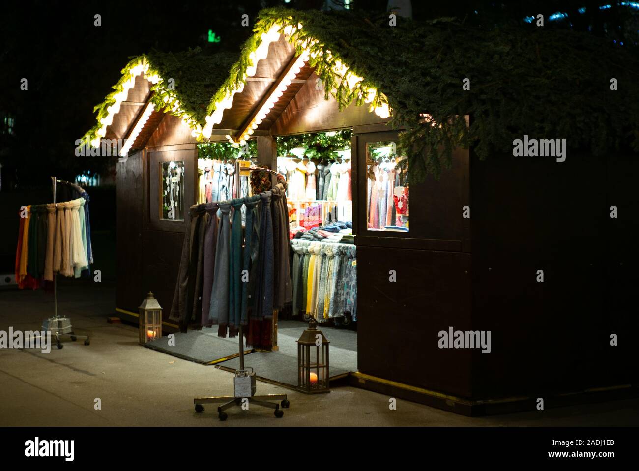 A traditional scarf gift stall at a Christmas market in Zurich ...