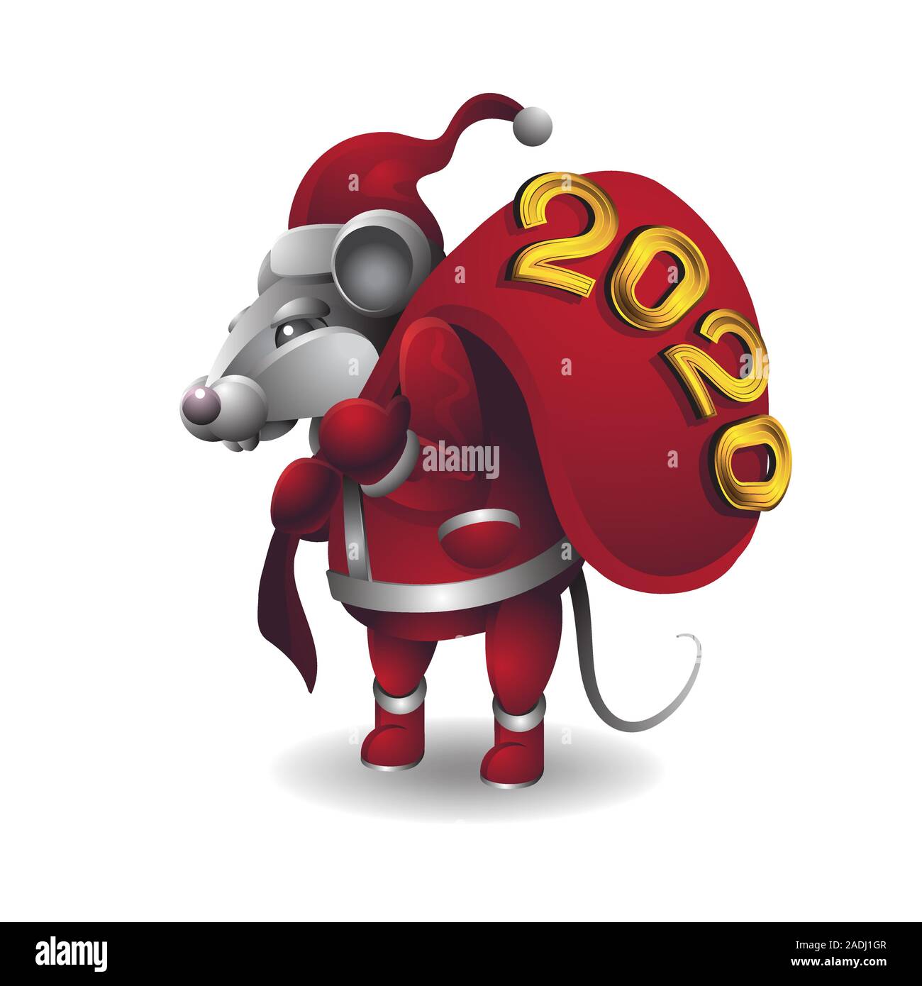 Animal mouse character in Santa Claus costume with bag of toys on white ...