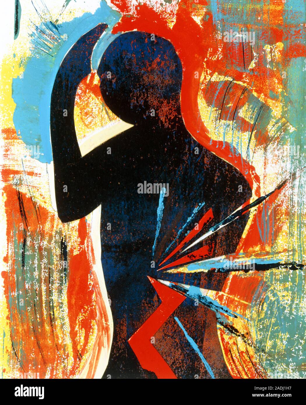 Back pain. Abstract artwork of the torso of a figure holding their head ...