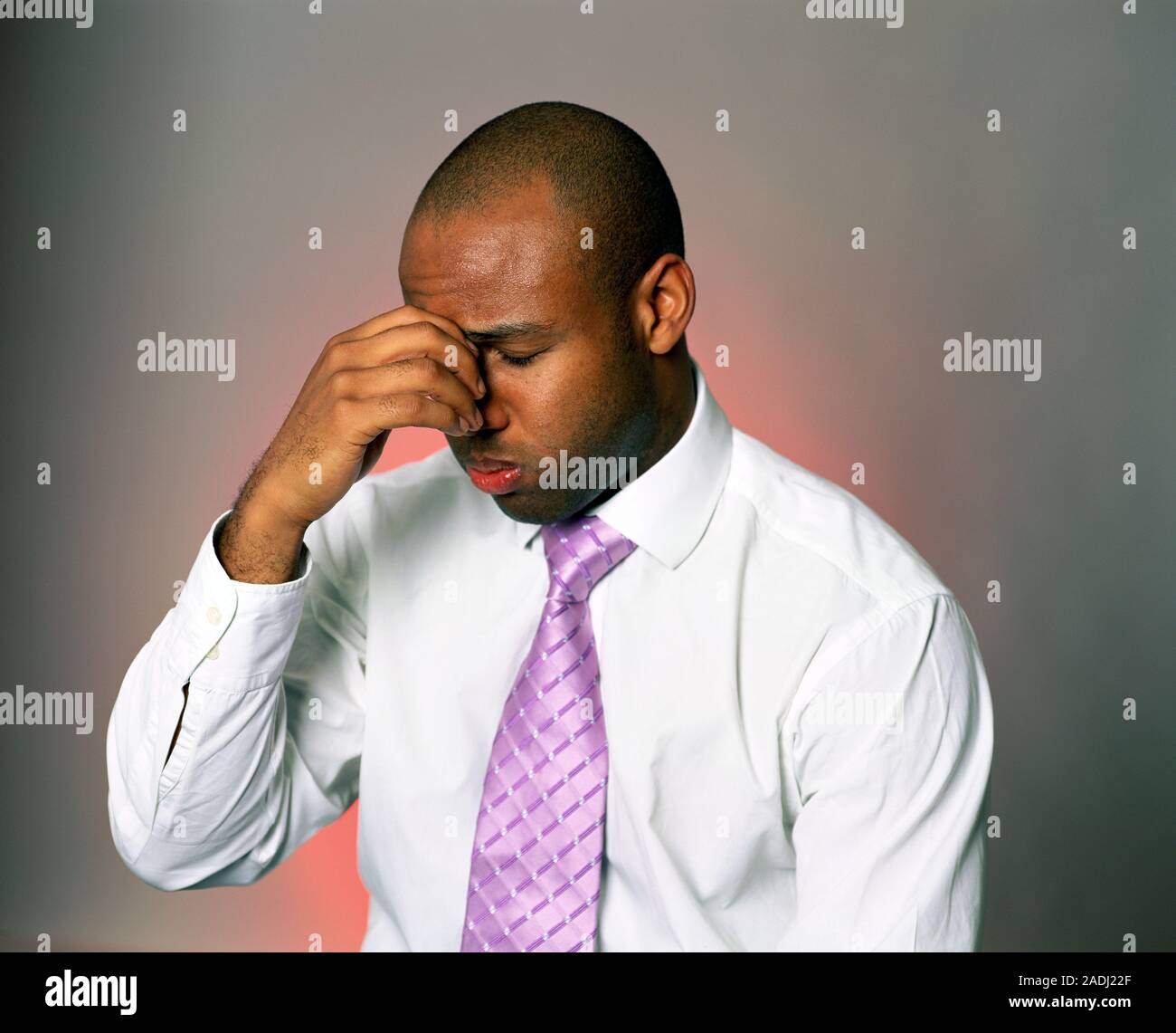 MODEL RELEASED. Sinus pain. Man holding the bridge of his nose in pain ...