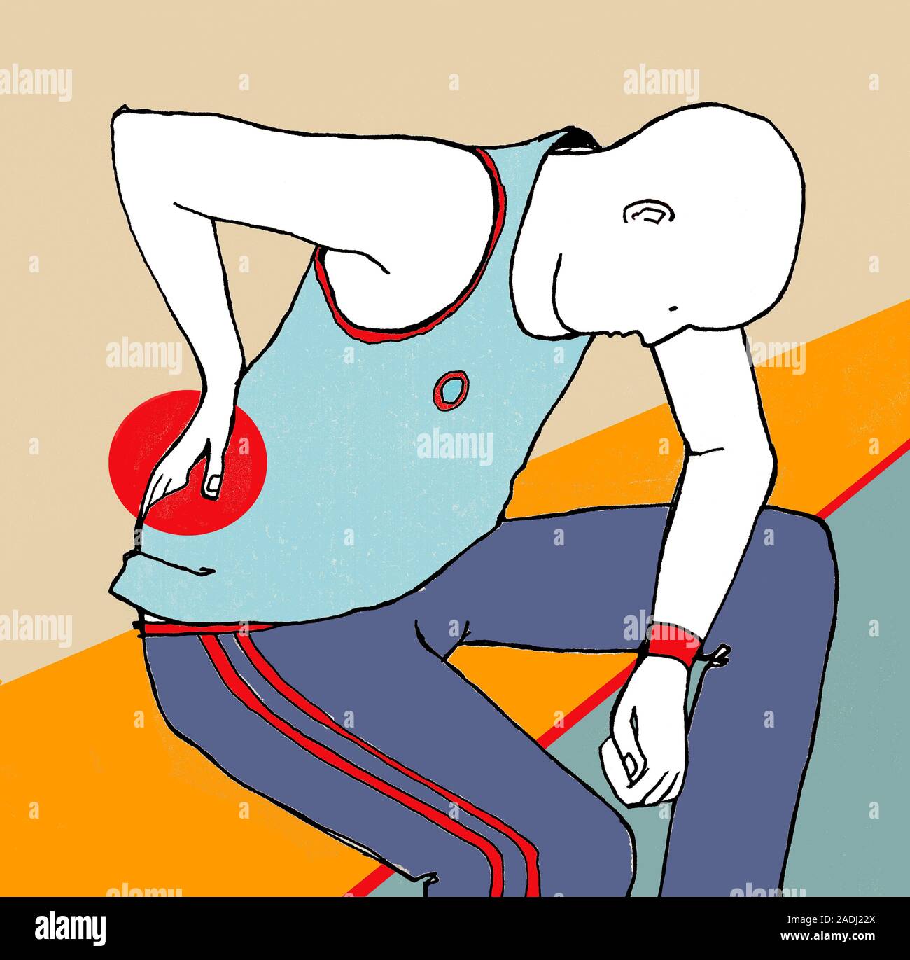 Lower back pain, artwork. Man holding his painful lower back. The lower ...