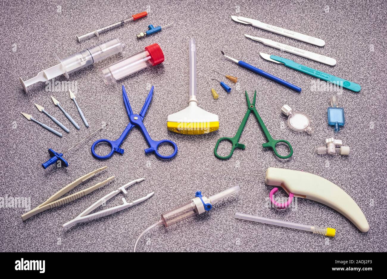A variety of disposable plastic medical instruments used in a hospital ...