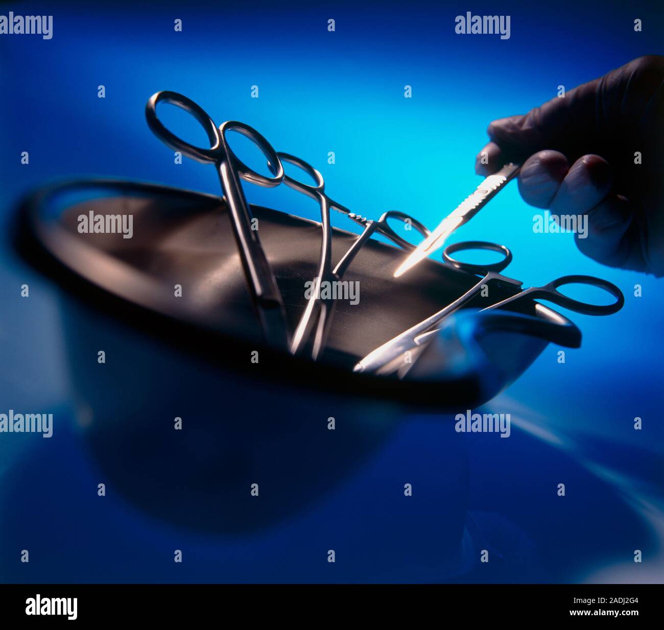 Surgical equipment in bowl. Gloved hand places a scalpel into a kidney ...