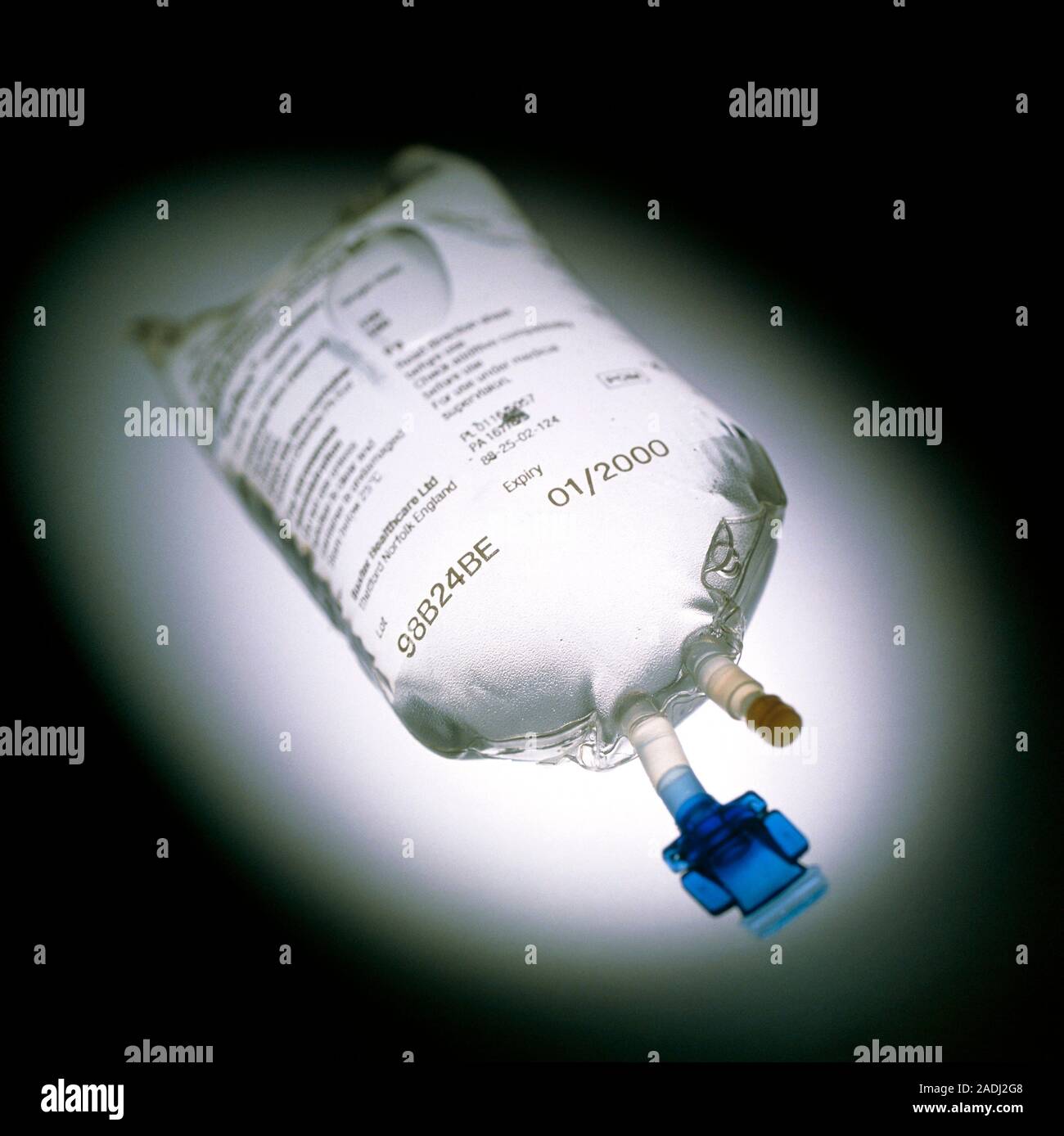 Intravenous drip bag. View of an intravenous (IV) drip bag containing ...