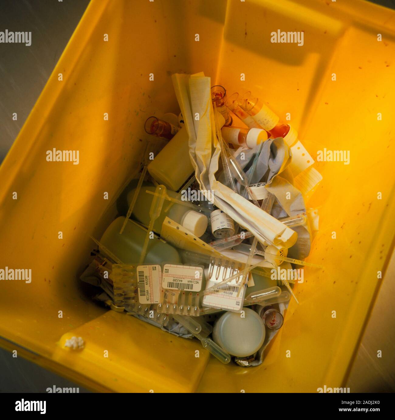 Clinical waste disposal. Inside of a yellow box containing clinical ...