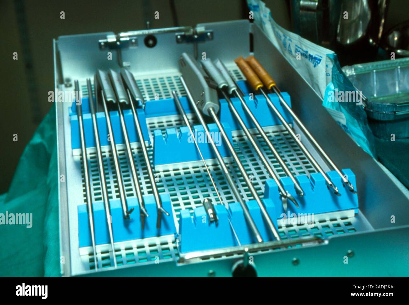 Keyhole heart surgery instruments ready for use in an operating theatre ...
