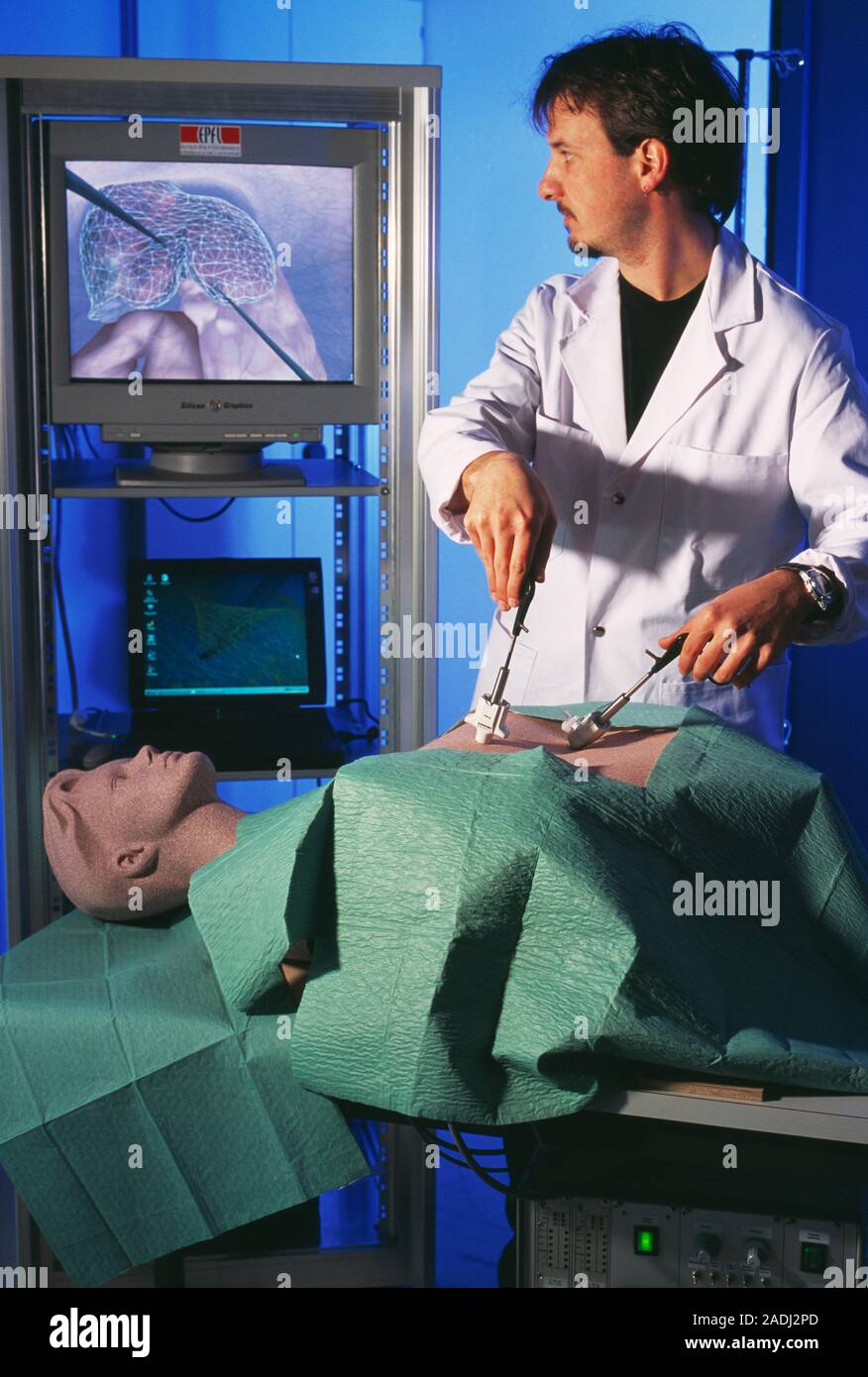Keyhole surgery simulator. This device is used to train surgeons in ...
