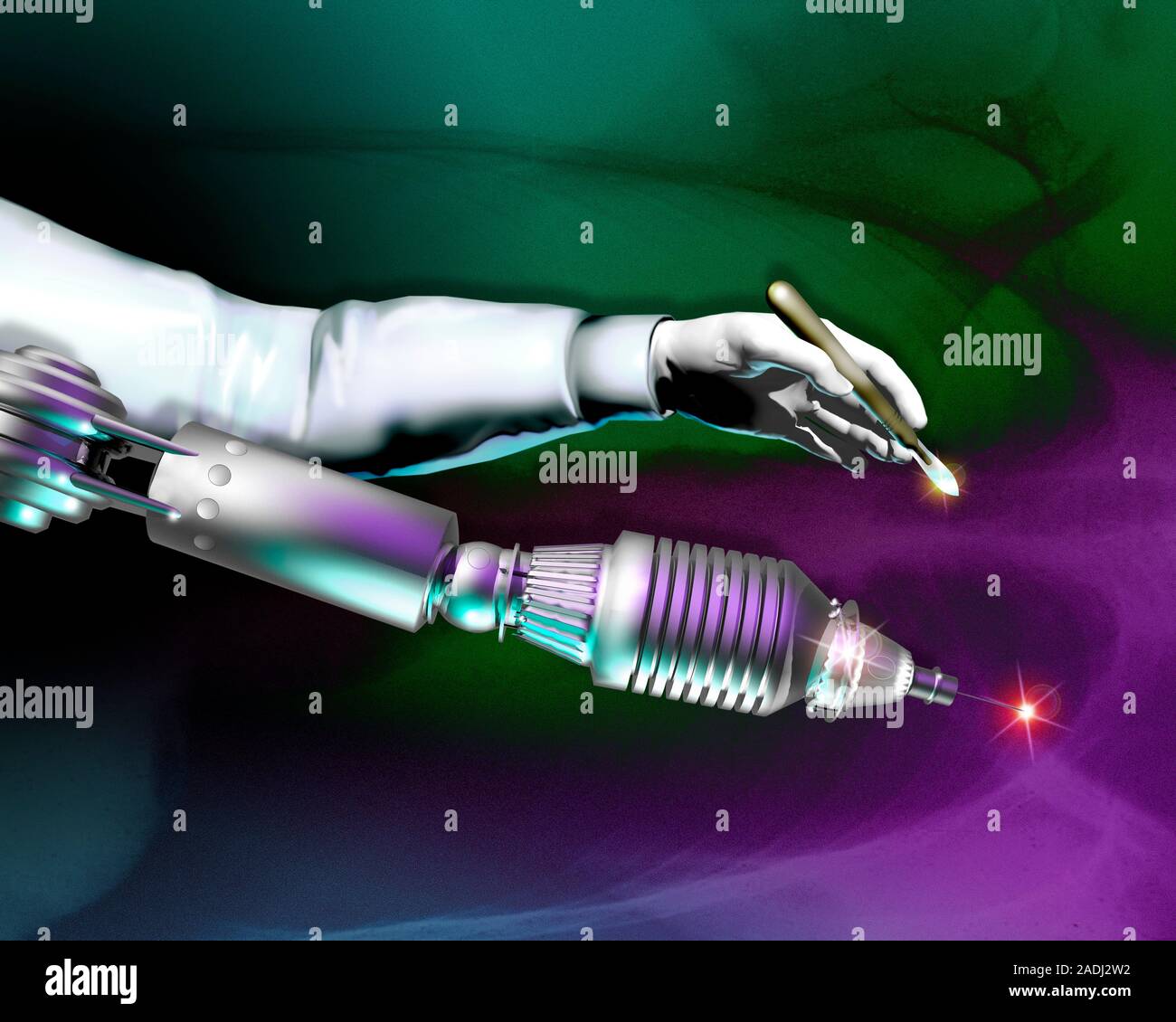 Robotic surgery. Computer artwork of a human and a robotic arm, both ...