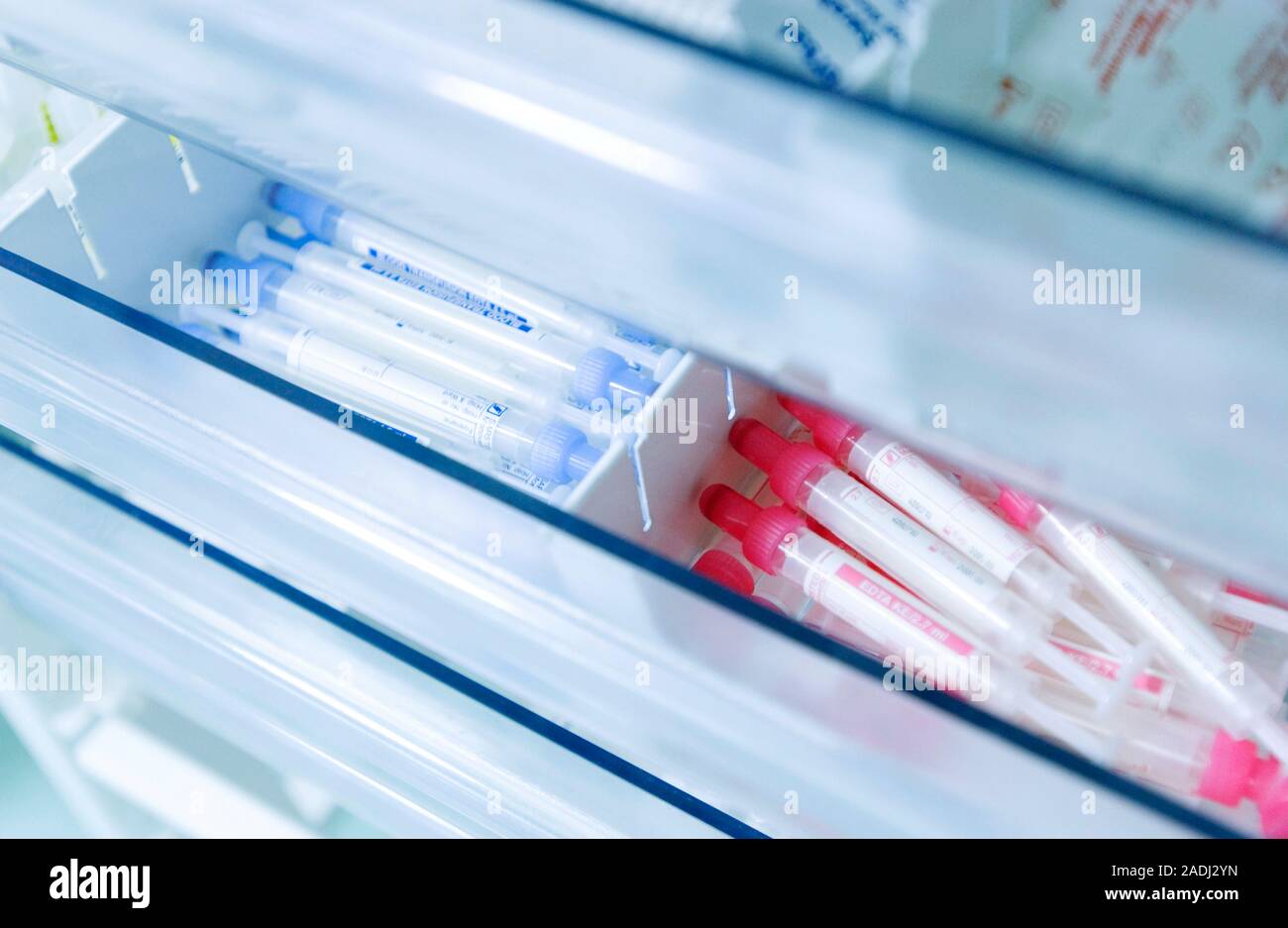 Medical syringes. These are S-Monovette sample tubes, which combine a ...
