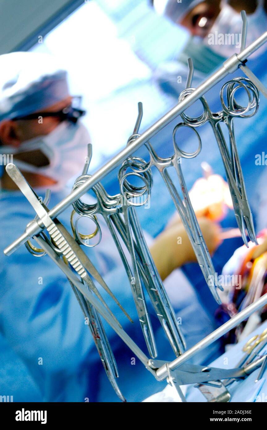 MODEL RELEASED. Surgical equipment. Rack of surgical scissors and ...
