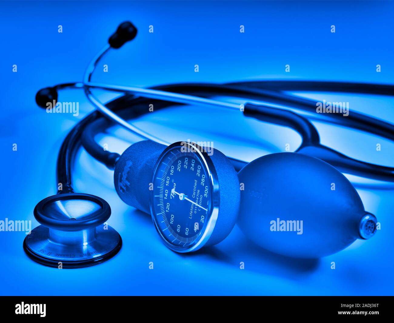 Stethoscope and sphygmomanometer. These devices are used together to ...