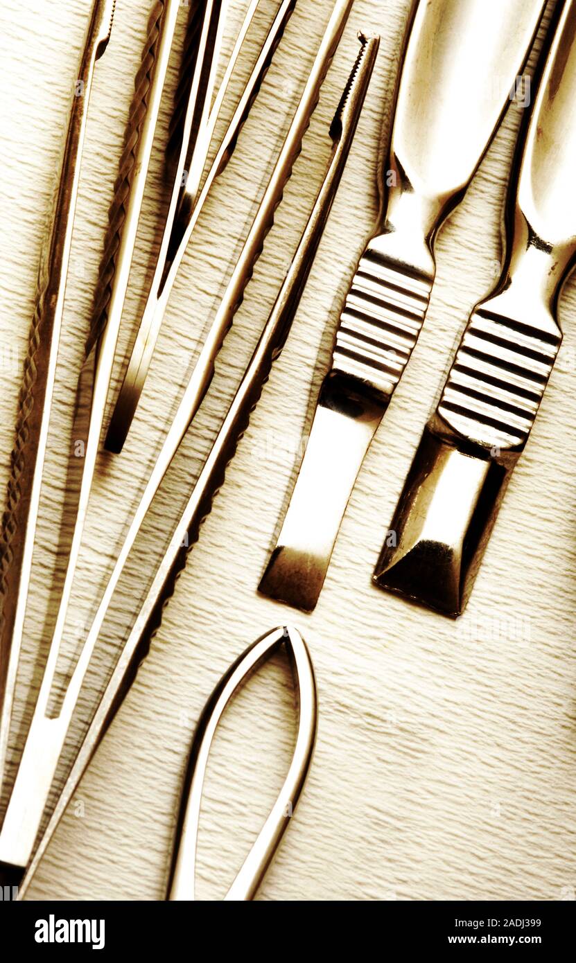 Orthopedic equipment including forceps (left) and two periostial ...