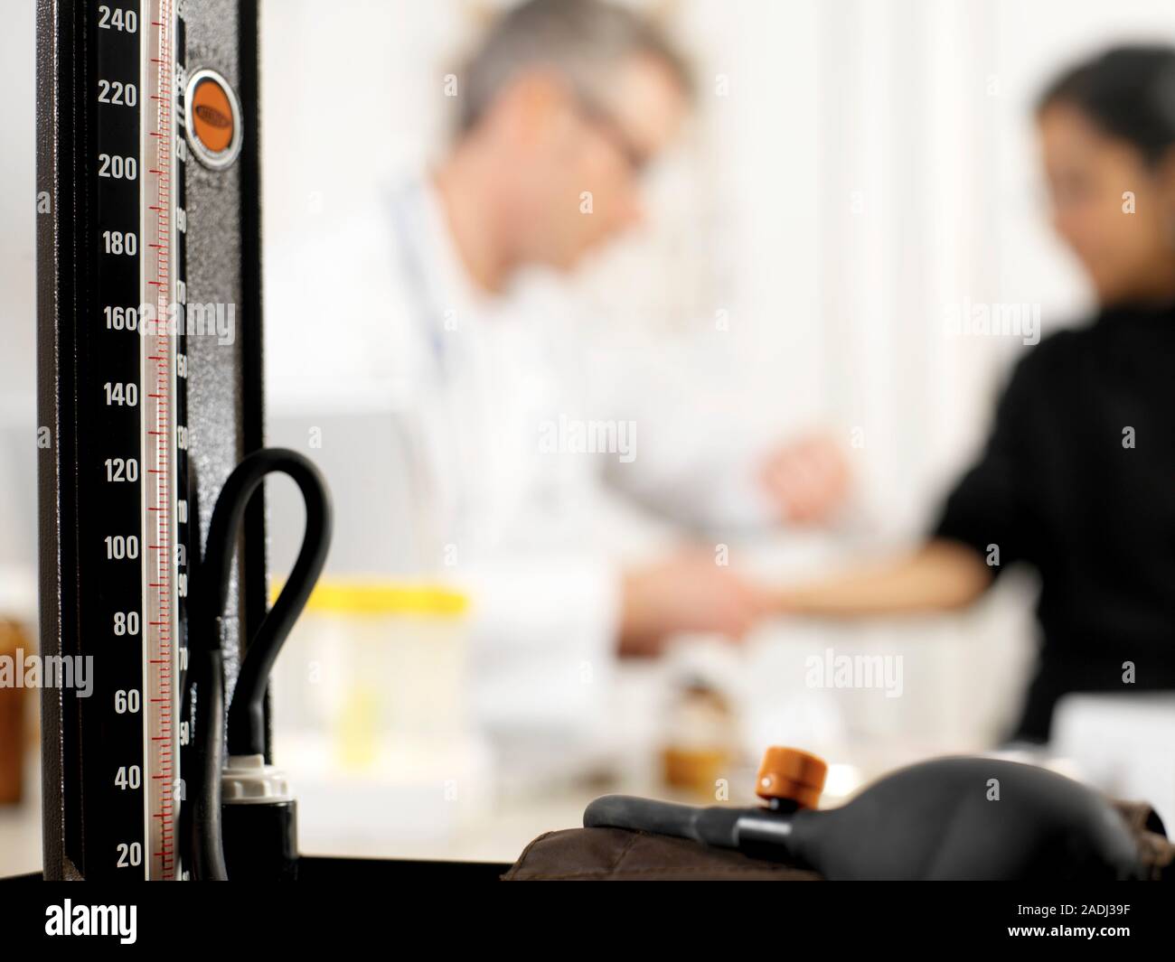 MODEL RELEASED. Blood pressure gauge. Sphygmomanometer used to measure ...