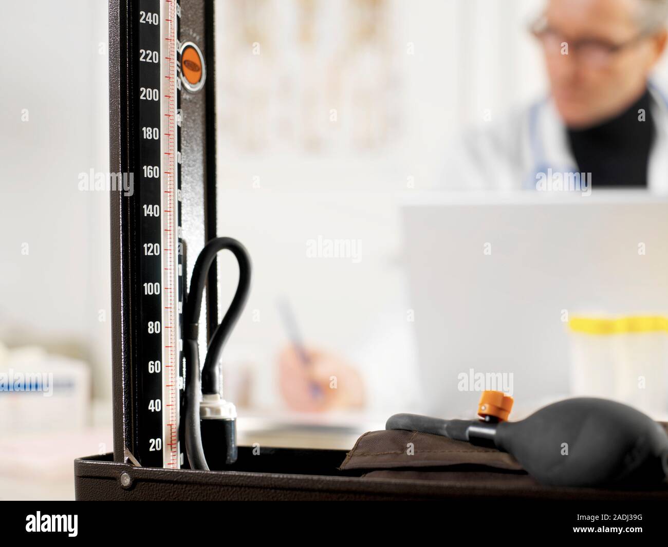 MODEL RELEASED. Blood pressure gauge. Sphygmomanometer used to measure ...