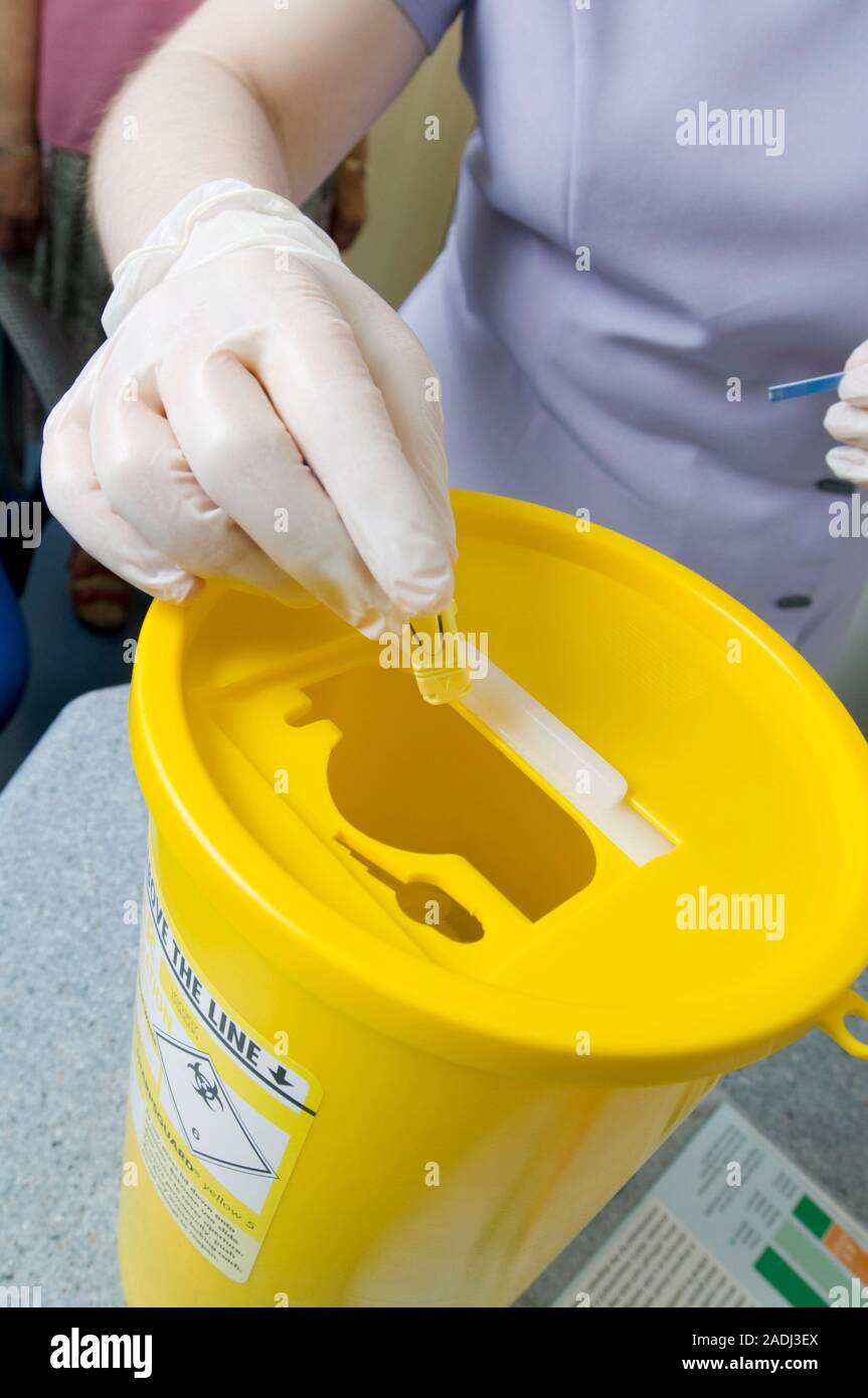 Contaminated sharps disposal. Healthcare worker discarding a used ...