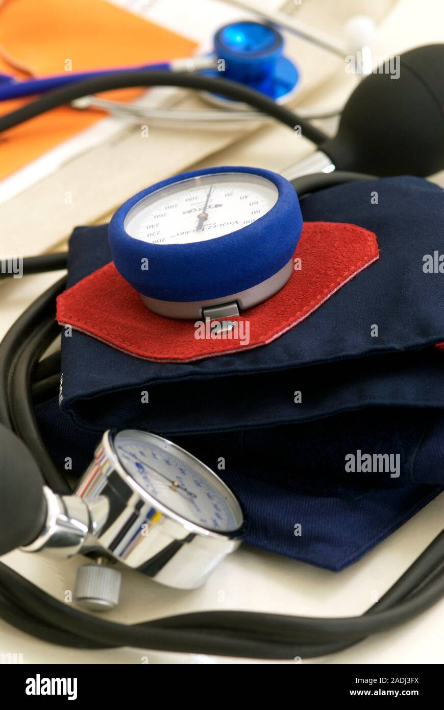 Medical equipment. Sphygmomanometer and stethoscope on a doctor's desk ...