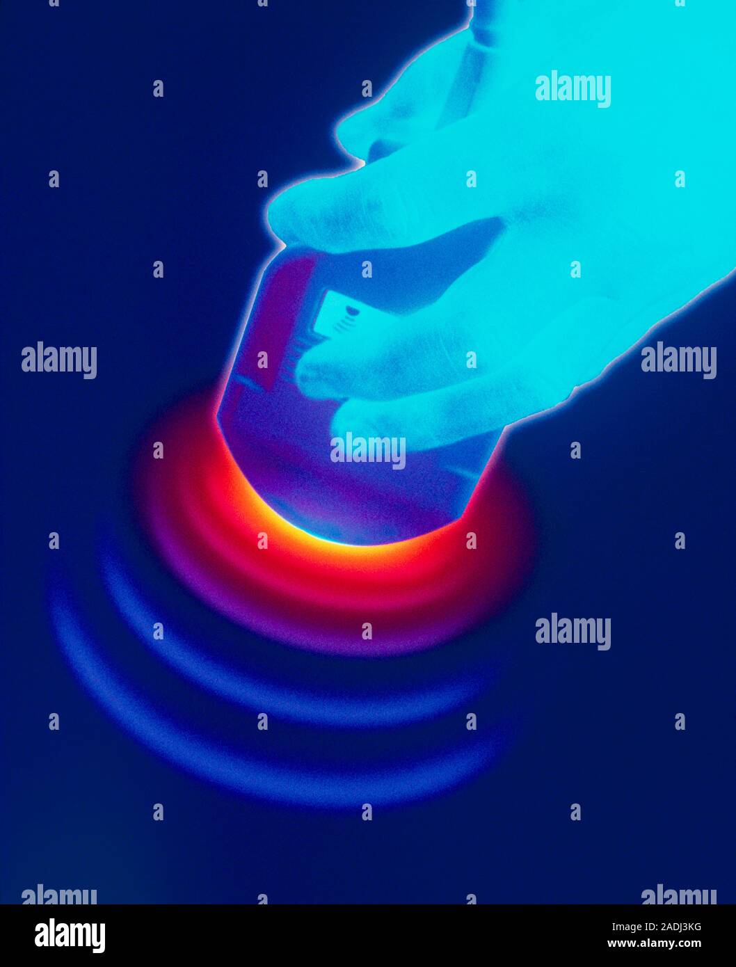 Ultrasound transducer. Computer artwork of a hand holding an ultrasound ...