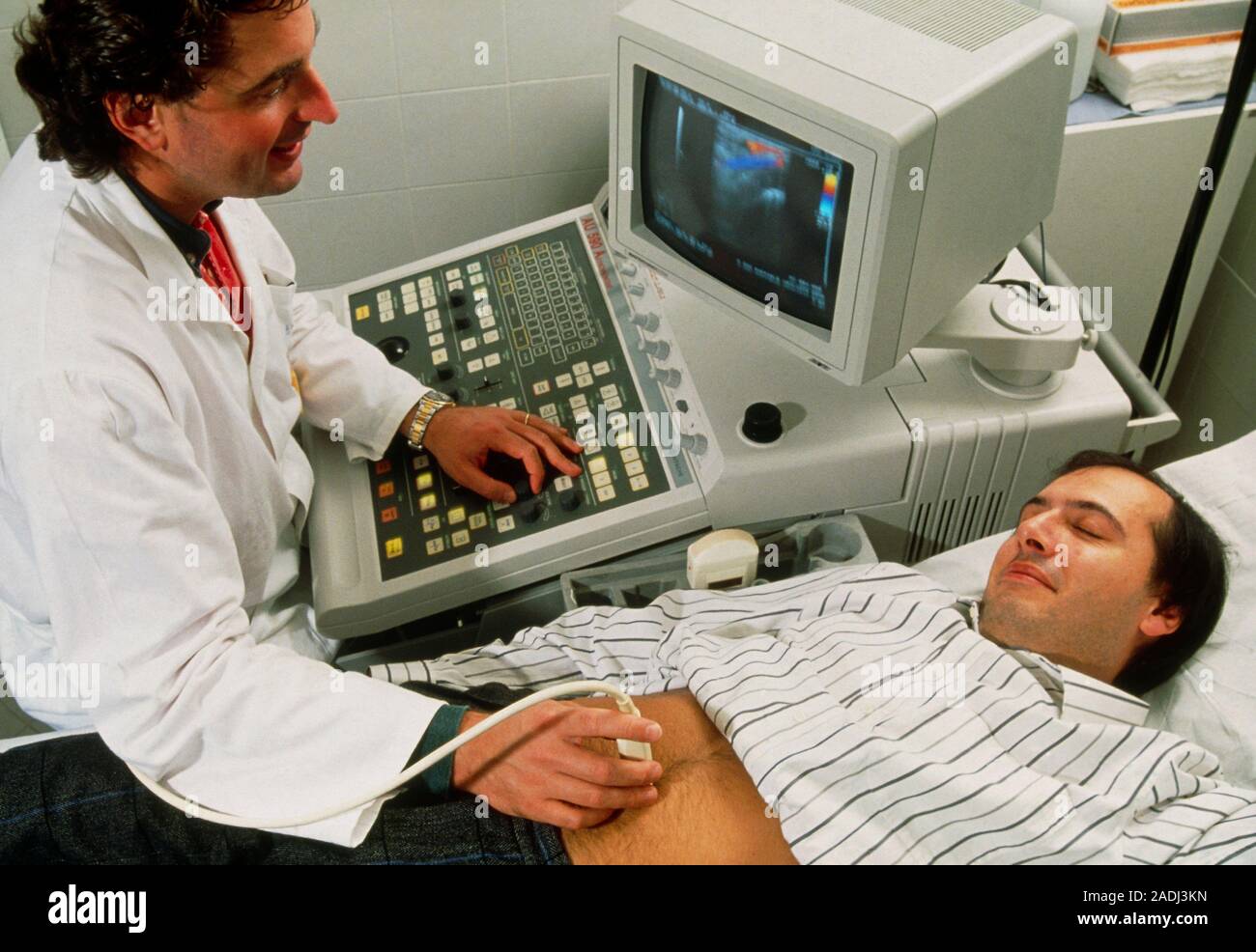 Prostate examination. View of a doctor using colour doppler ultrasound ...