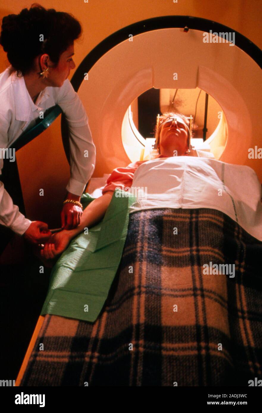 Positron emission tomography (PET) brain scanning, showing the ...
