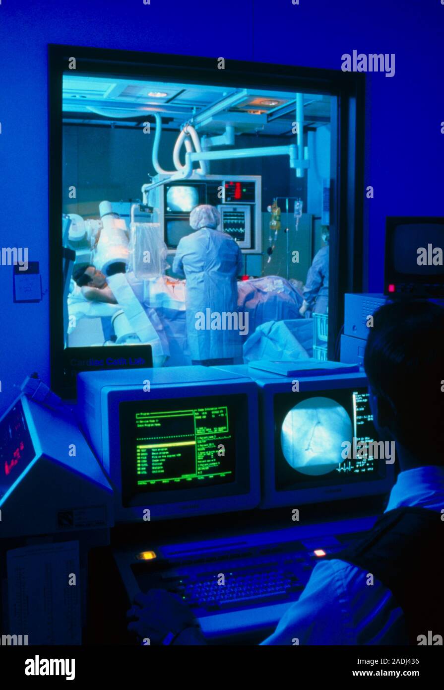 MODEL RELEASED: Cath Lab. View of a monitoring room of a cardiac ...