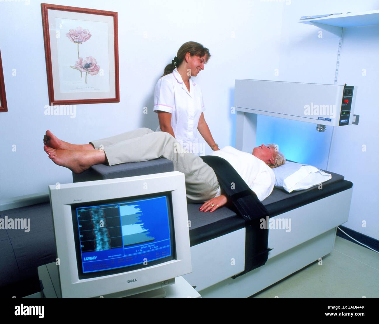 Osteoporosis bone scanning. Nurse checks on an elderly female ...