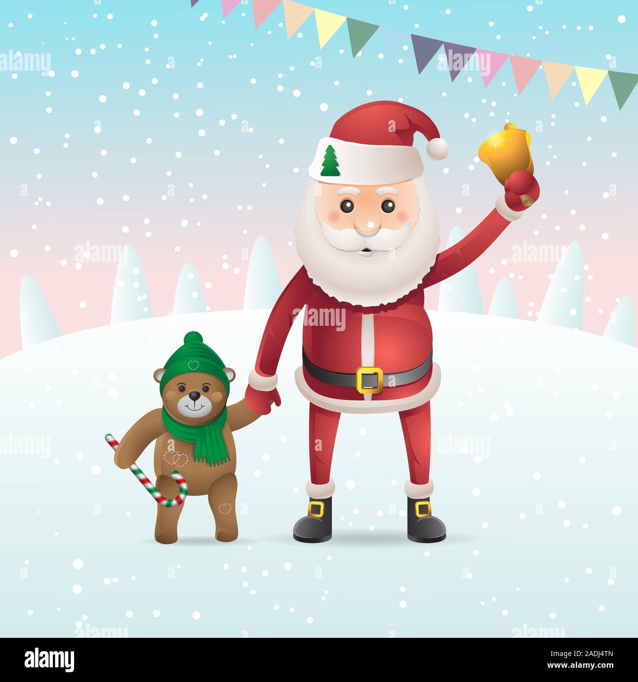 Santa Claus with a bell and a Teddy bear isolated on snowy background ...
