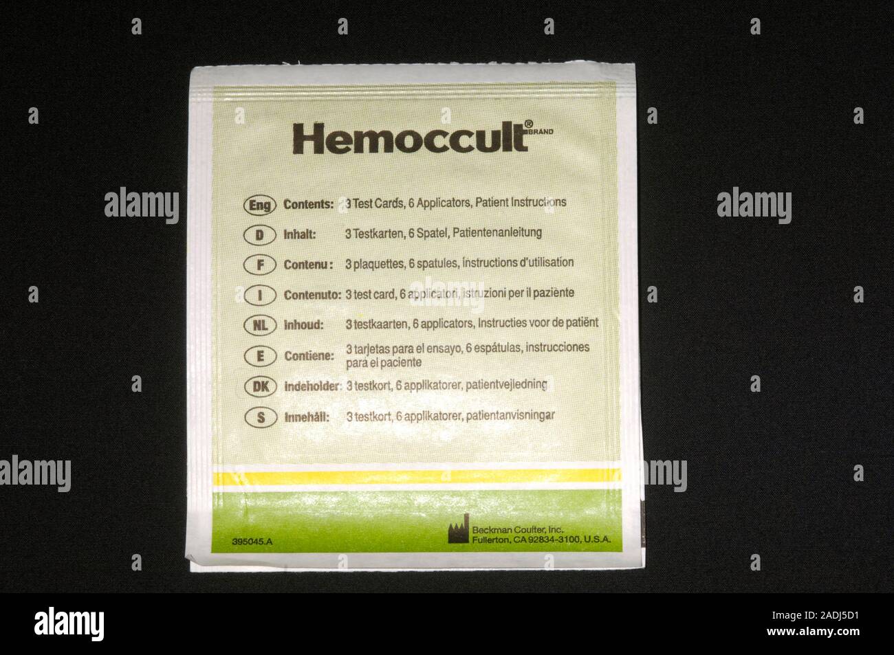 Colorectal cancer test kit. Part of a hemoccult kit used to screen for ...