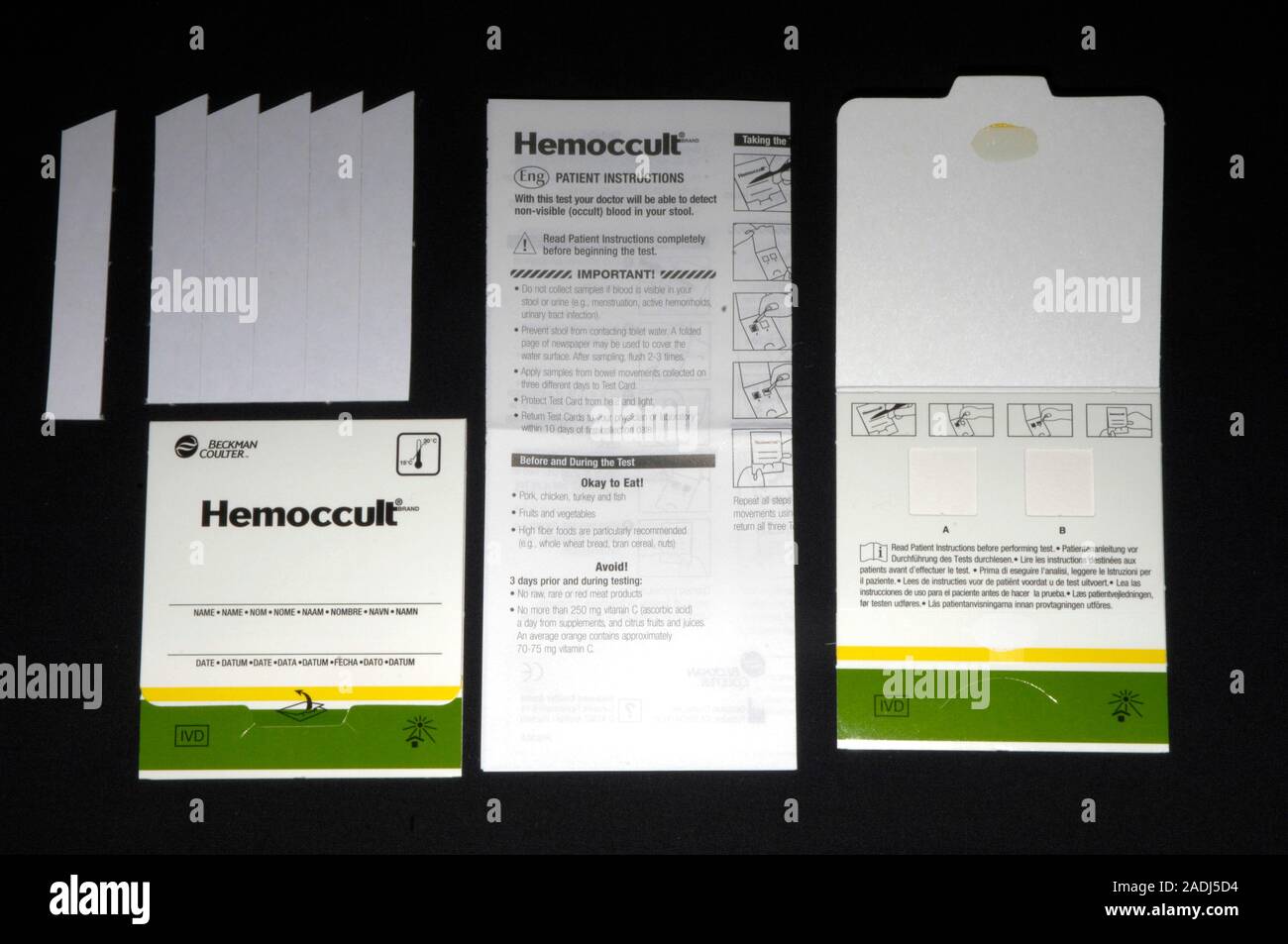 Colorectal cancer test kit. Hemoccult kit used to screen for colorectal ...