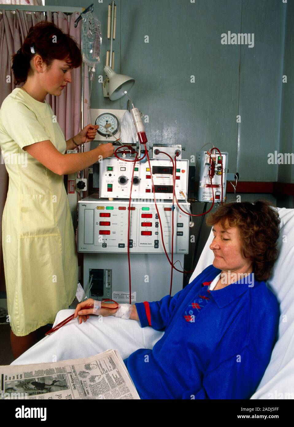 Nurse preparing female patient to use a kidney machine to undergo renal ...