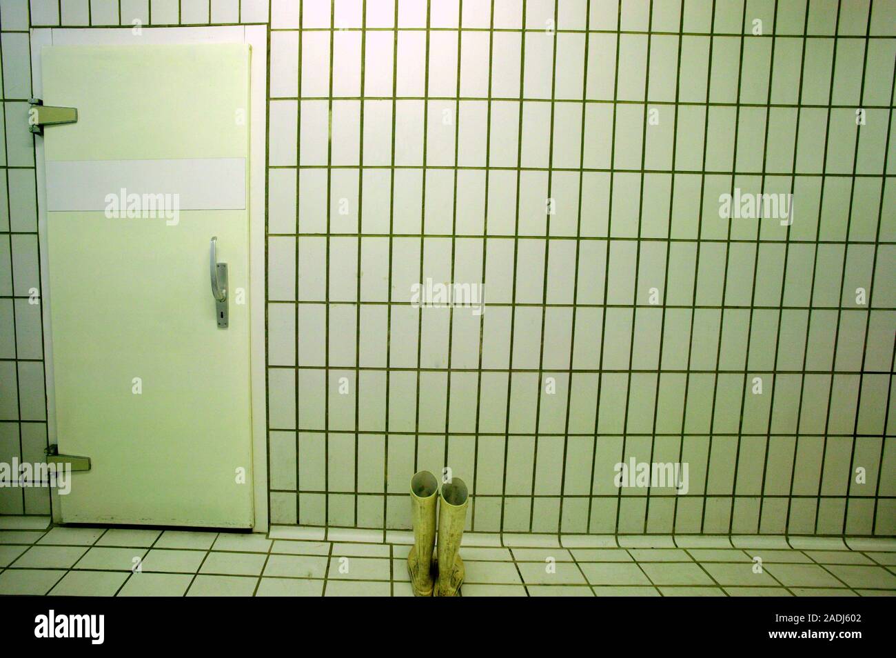Door of a mortuary. A pair of wellingtons outside the door of a ...
