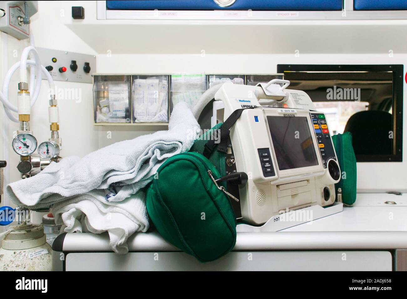 Ambulance equipment. This portable machine functions as a defibrillator ...