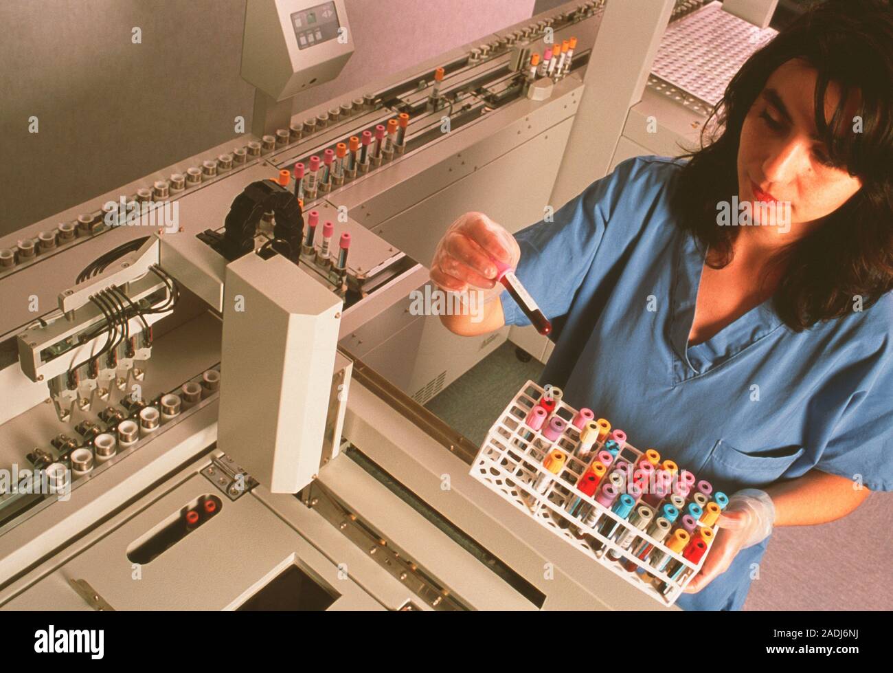 Blood sample processing. Technician preparing blood samples for ...