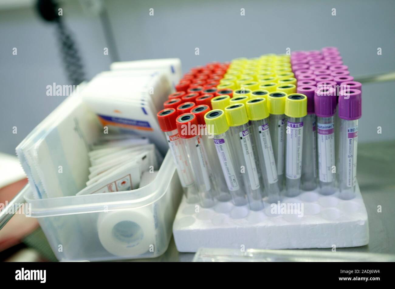 Blood sample tubes. Vacutainers that are used to hold samples of blood ...