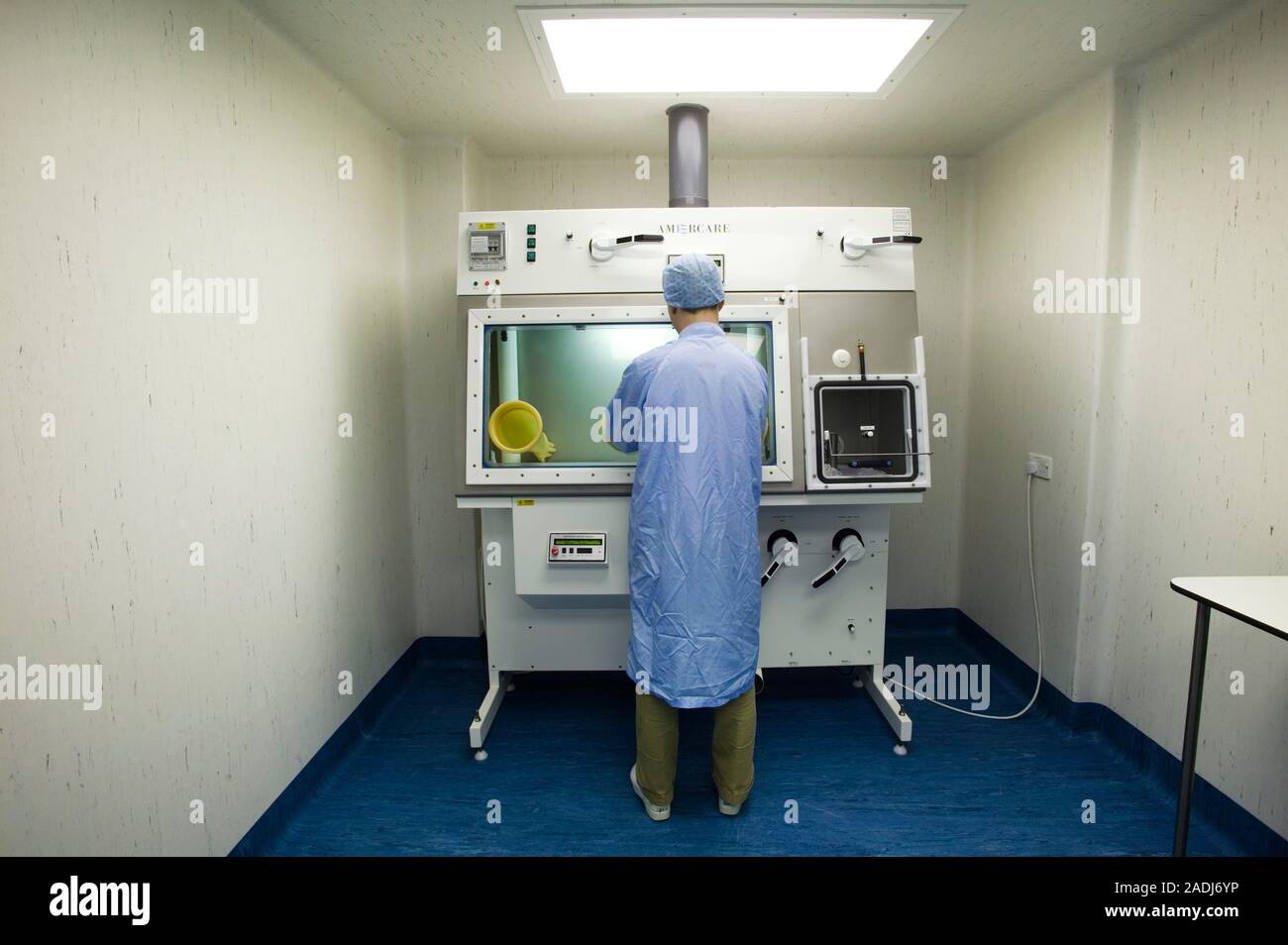 Blood separation. Technician using an isolator unit to separate blood ...