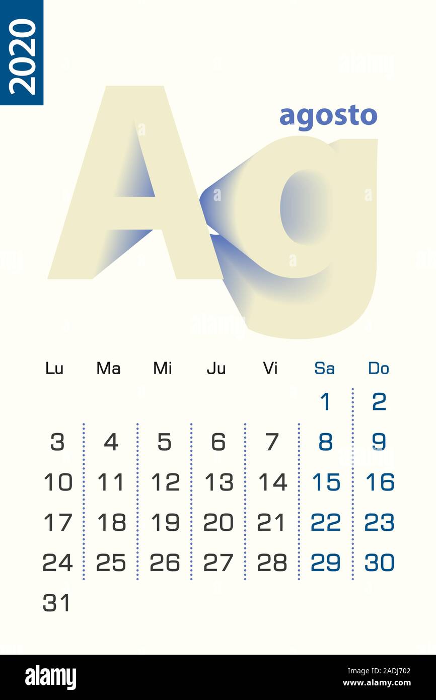 Minimalist calendar template for August 2020, vector calendar in ...