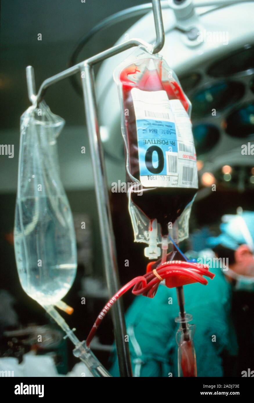 Stand containing blood transfusion bag (group O, rhesus positive ...