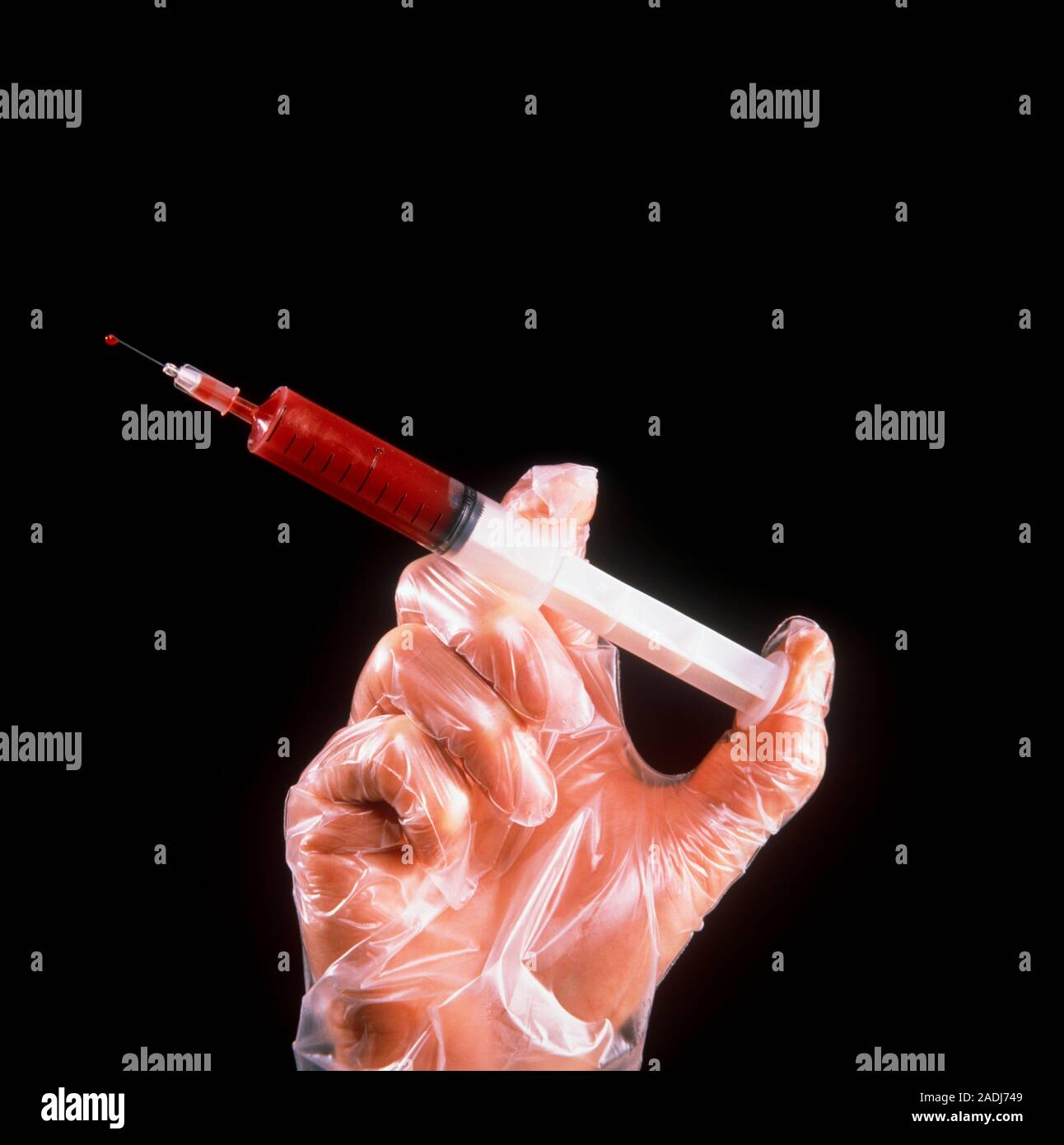 Gloved hand holding a syringe containing a newly- withdrawn blood ...