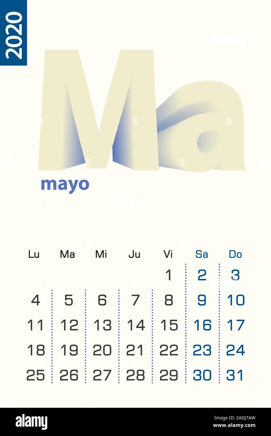 Minimalist calendar template for May 2020, vector calendar in Spanish ...
