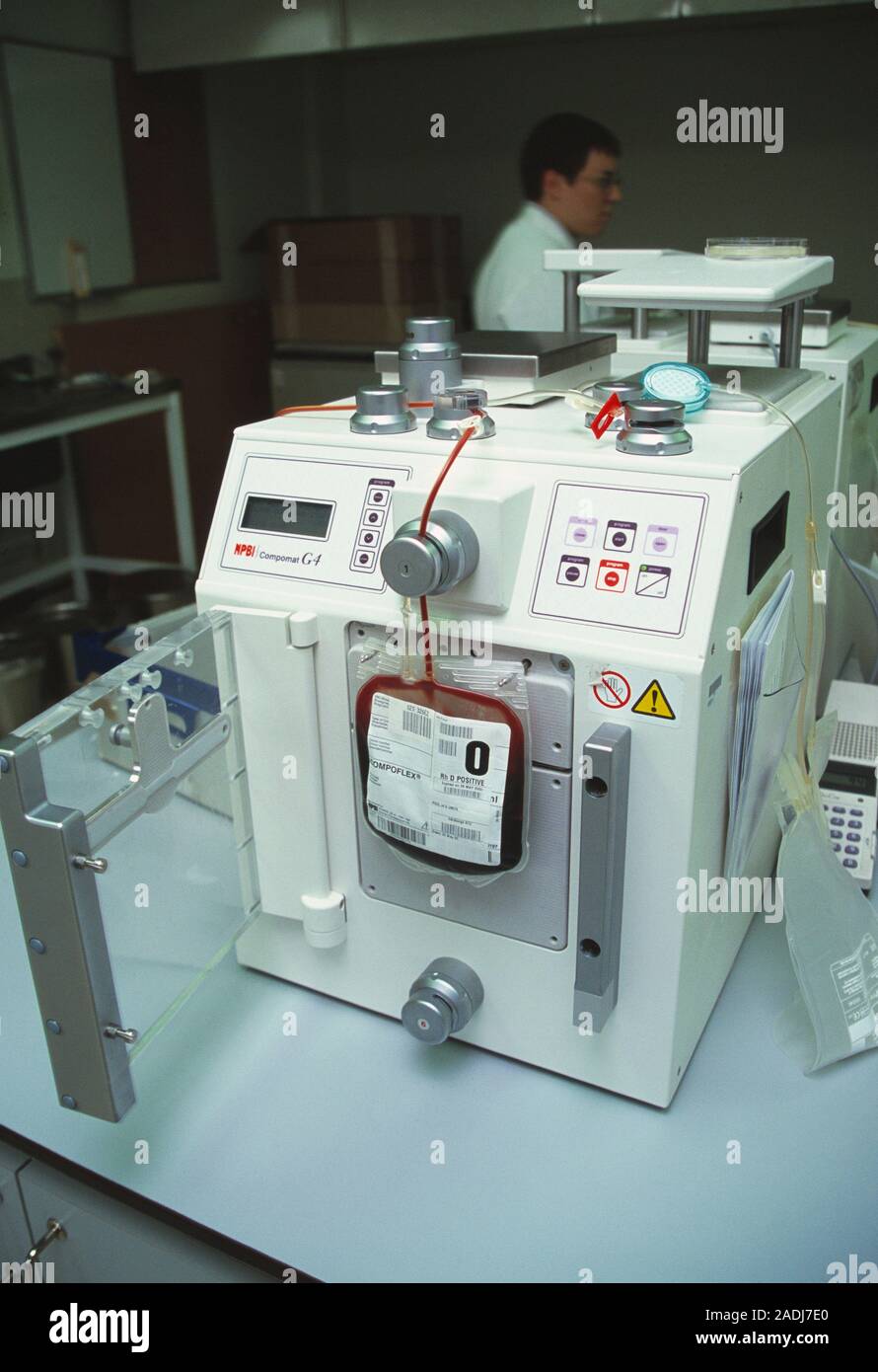 Mechanical blood separation. Blood bag attached to a machine being used ...