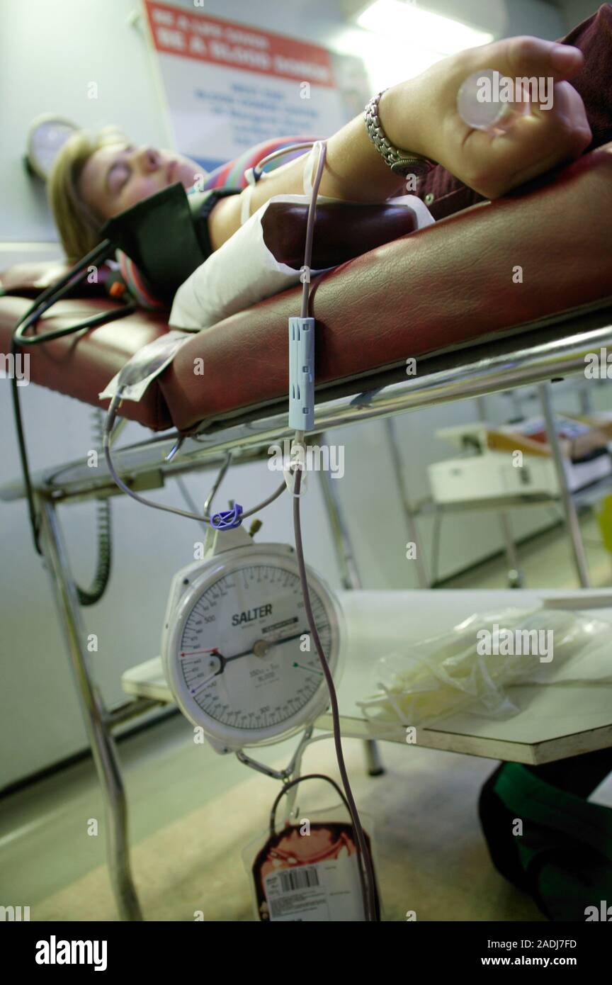 Blood donation. Blood donor lying down, with a tube inserted in her ...