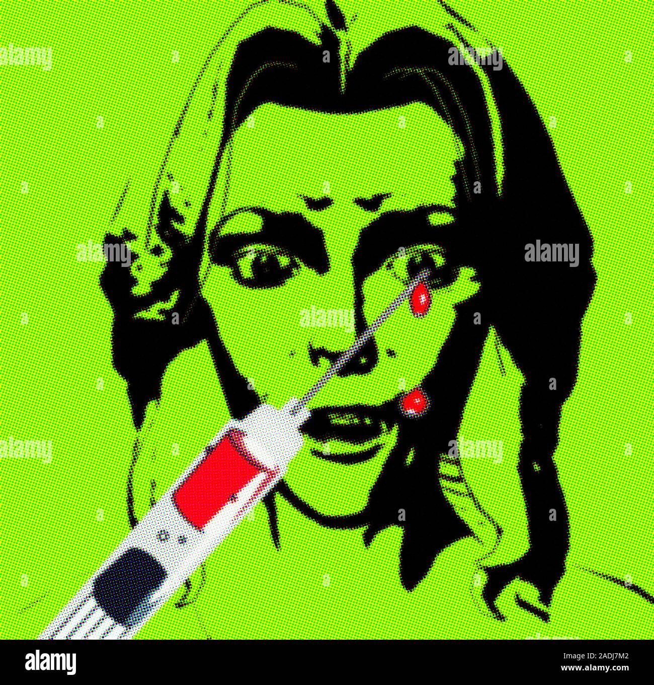 Needle phobia. Conceptual computer artwork of a woman scared by a ...