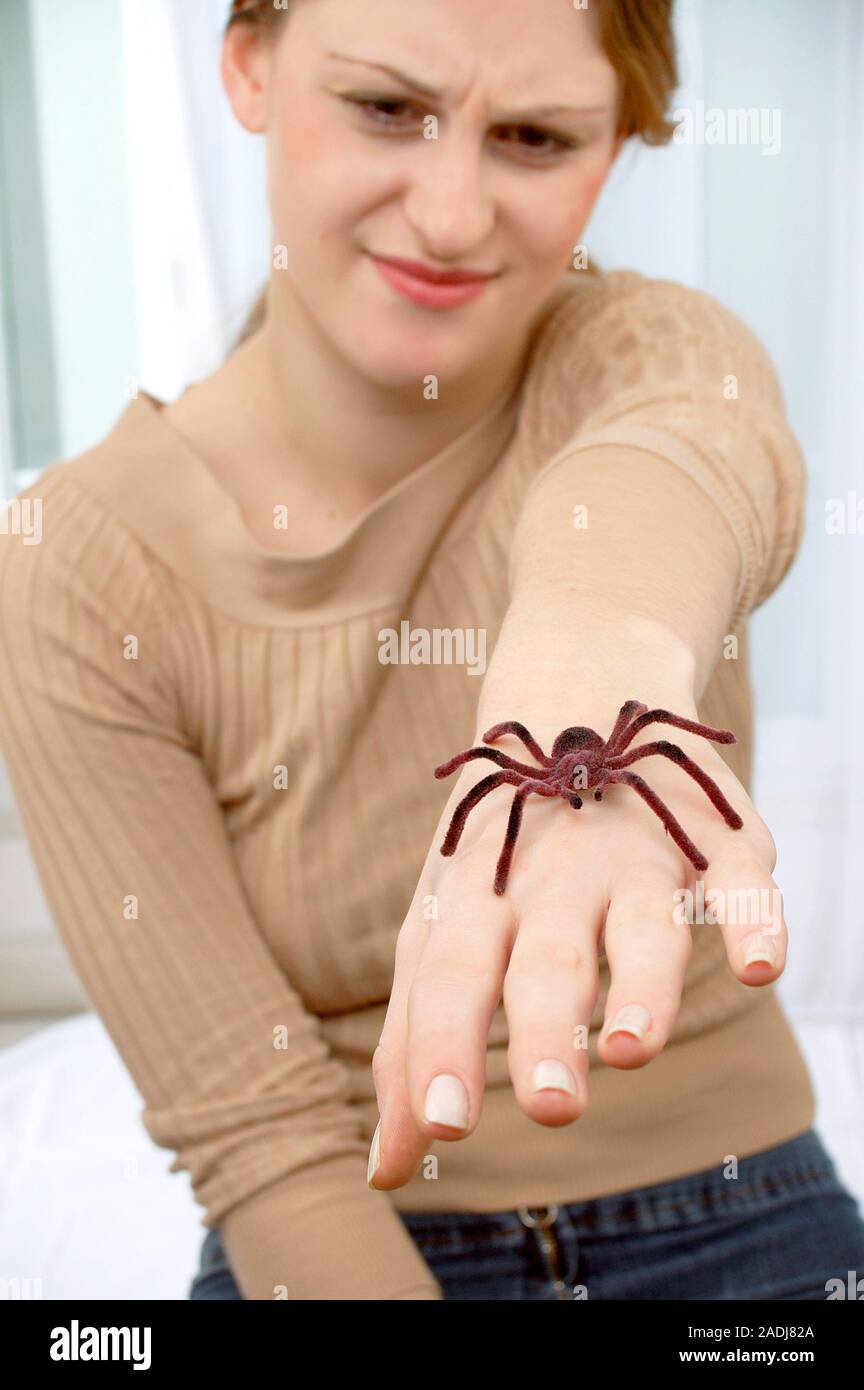 MODEL RELEASED. Arachnophopia treatment. Woman with an imitation spider ...
