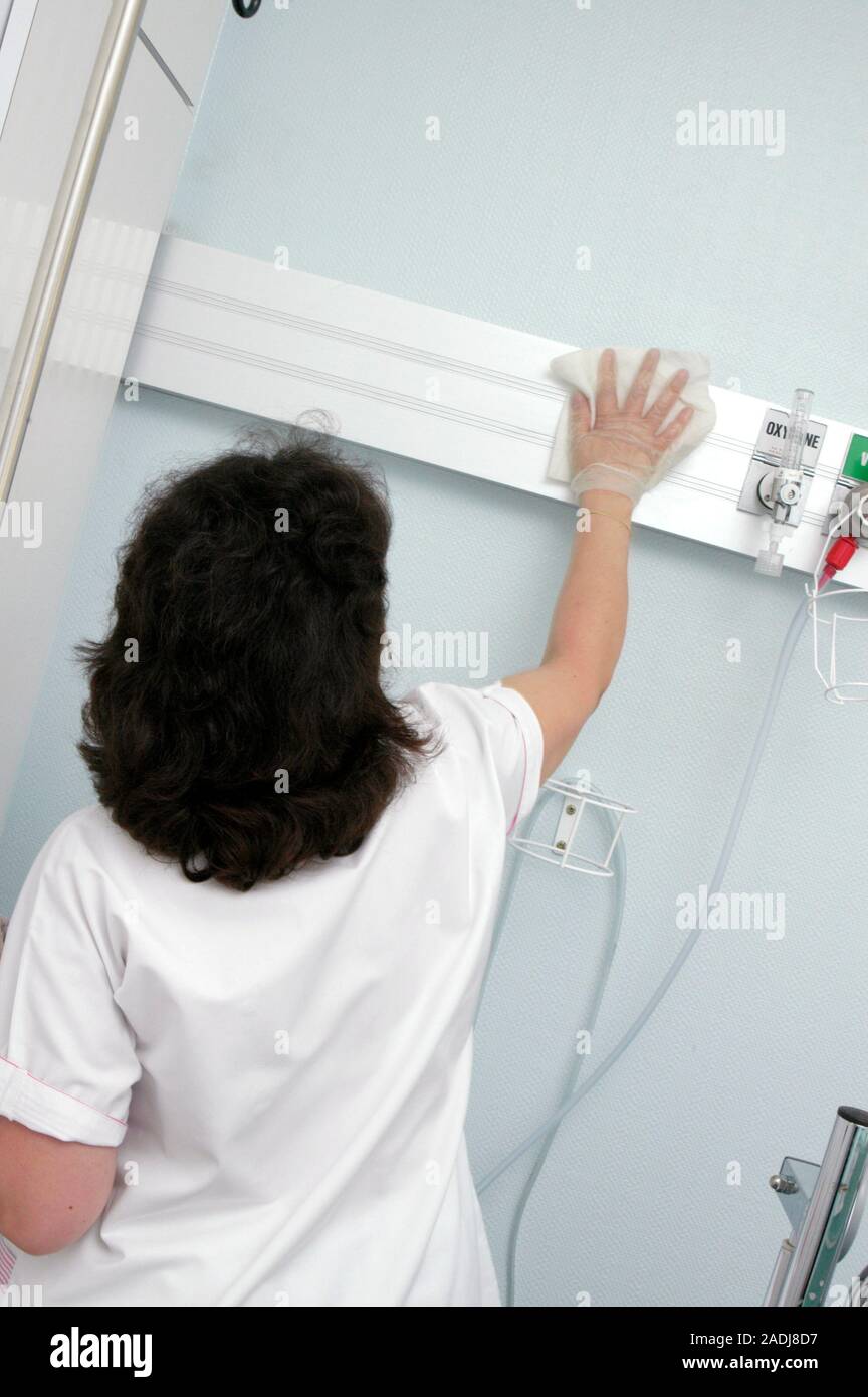 Cleaning hospital room. Hospital cleaner using a cloth to clean and ...