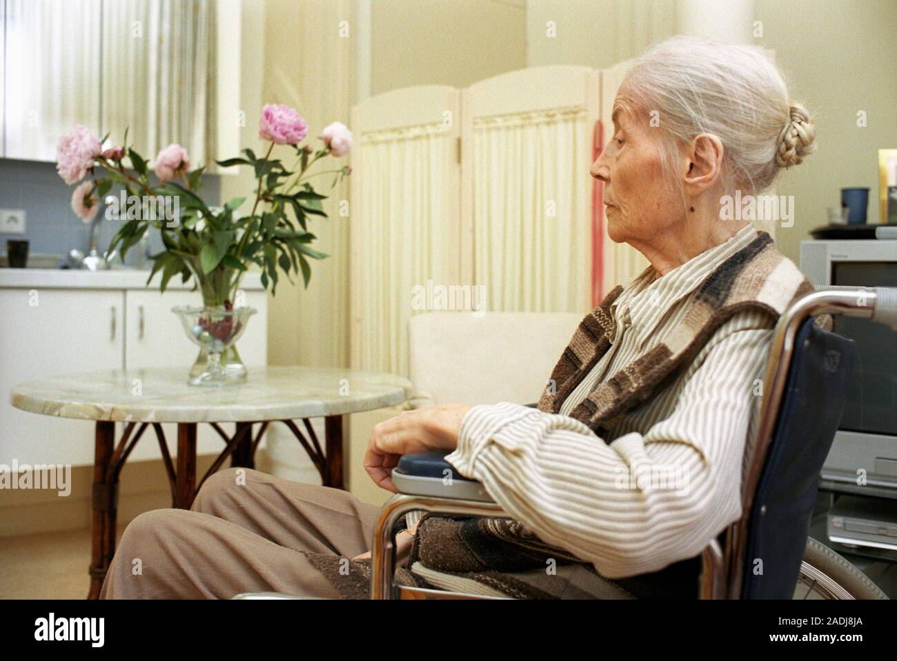 Hospice patient. Terminally ill elderly woman in a wheelchair. She is ...