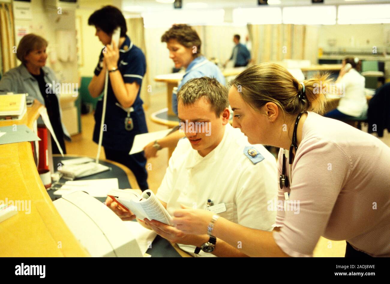 Hospital doctor and nurse talking at a workstation in an accident and ...
