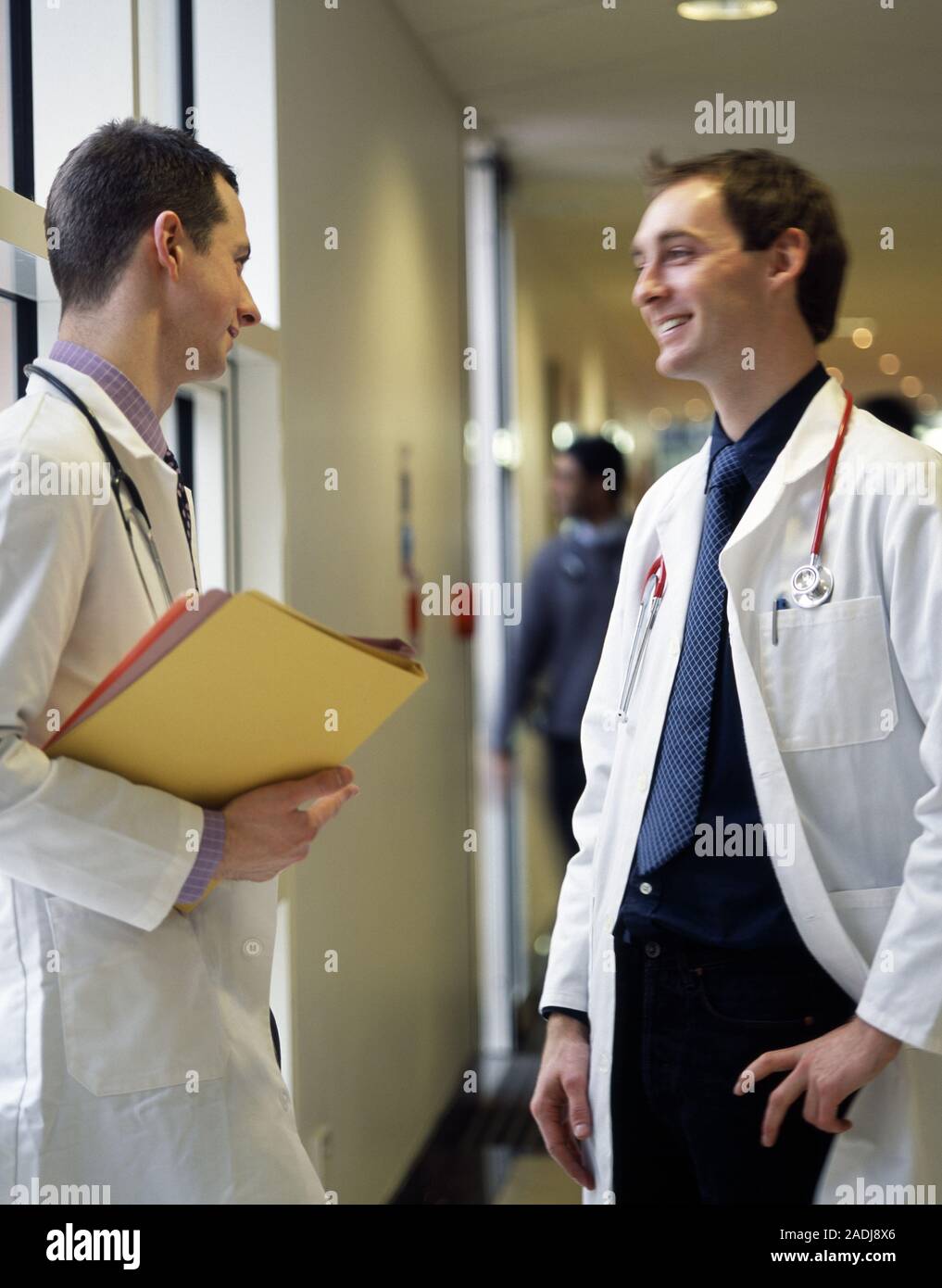 Hospital doctors talking in a corridor. One of the doctors is holding a ...