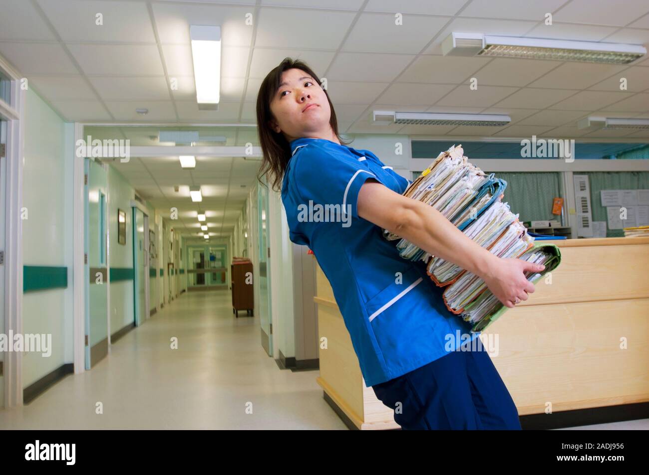 MODEL RELEASED. Overworked nurse. Nurse carrying a large file of ...