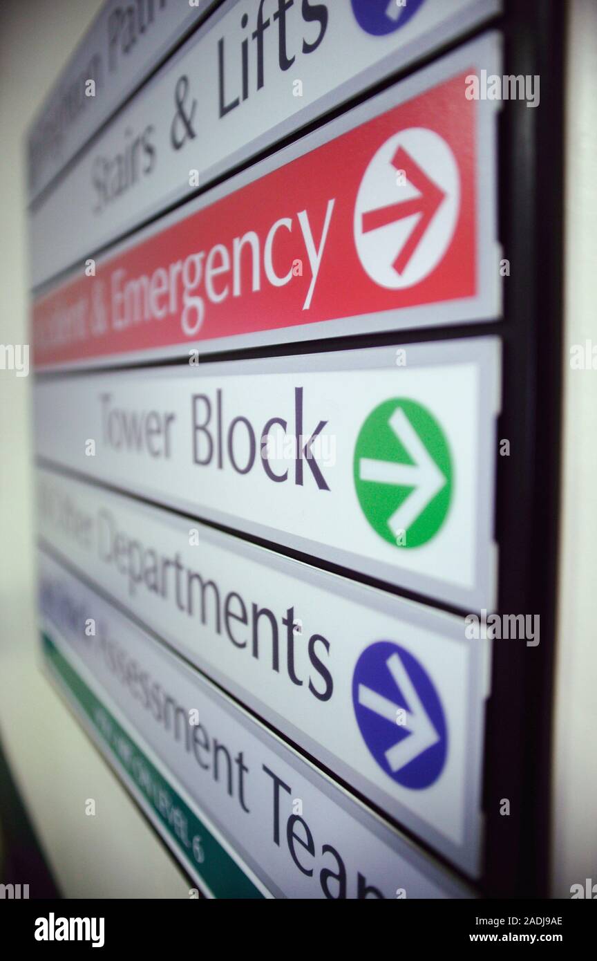 Hospital signs showing directions to several hospital departments ...